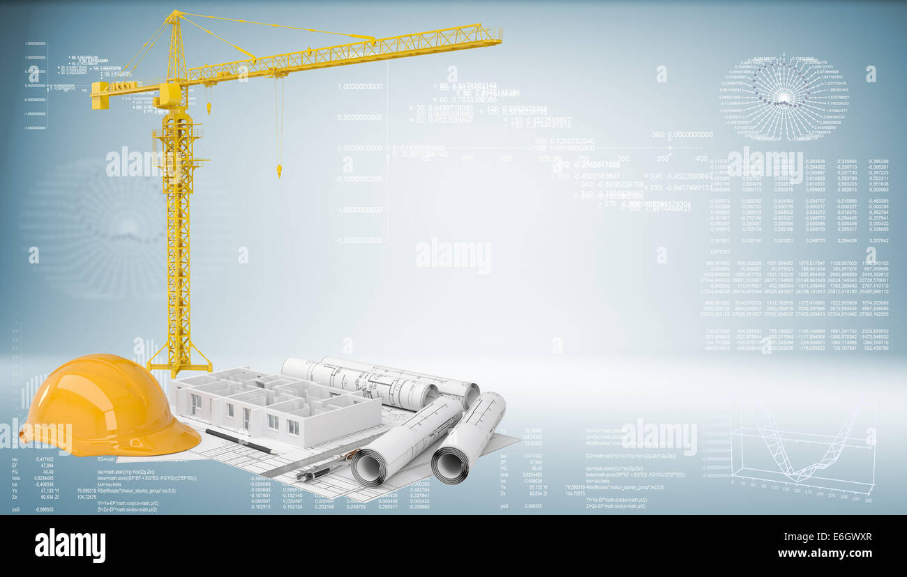 Drawings, tower crane, helmet and building walls Stock Photo - Alamy