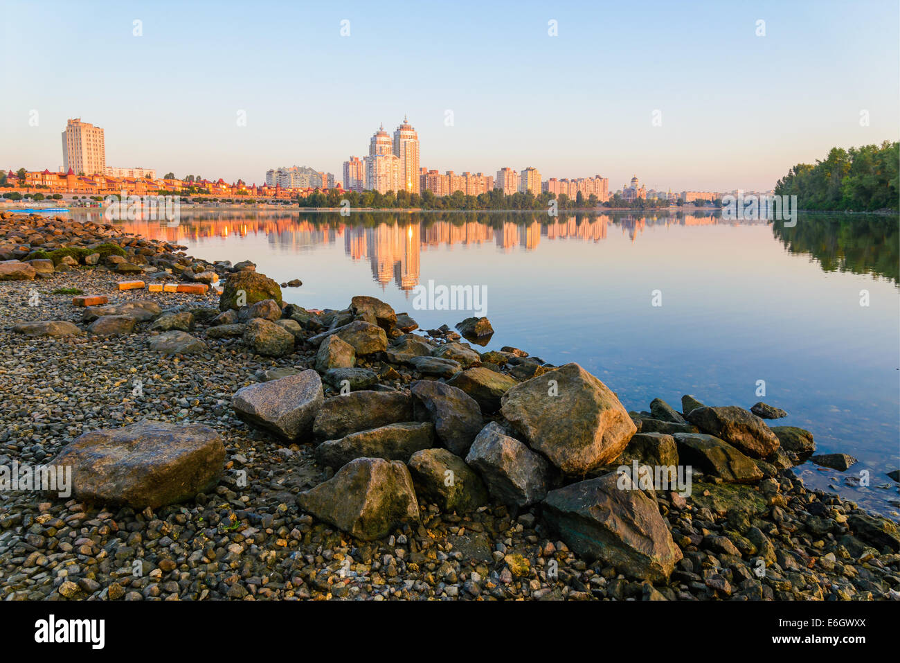 The Obolon skyline near the Dnieper river in Kiev. It is sunset time ...