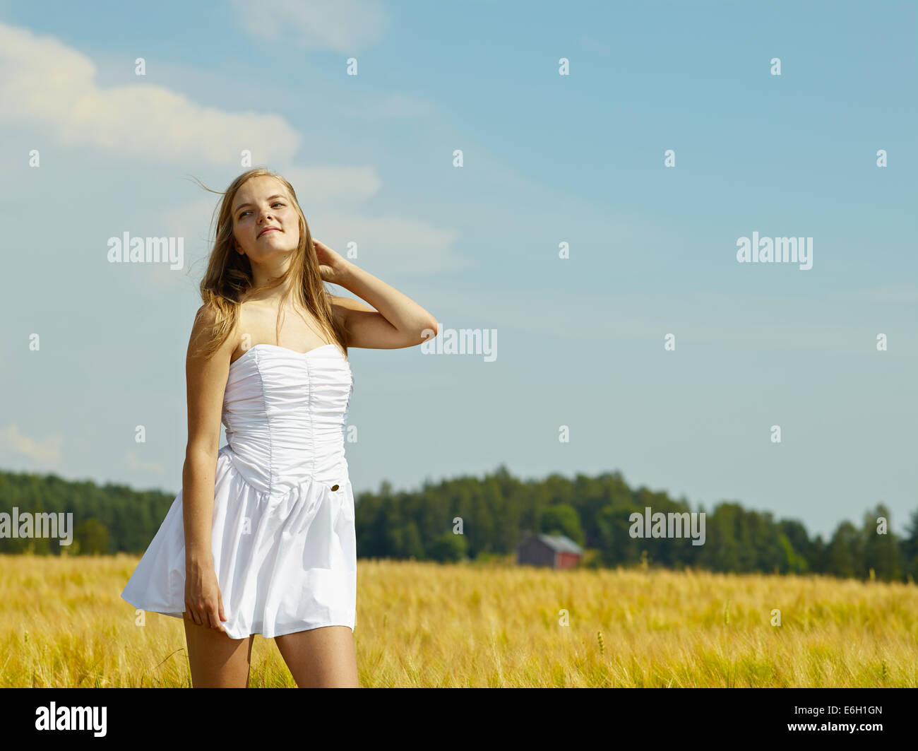 Natural beautiful young woman, rural landscape on background Stock ...