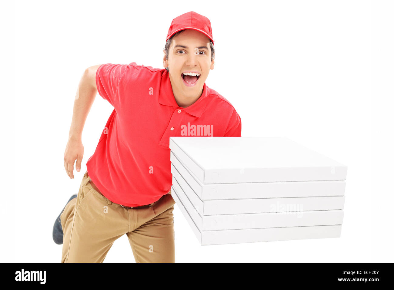 Fast pizza delivery guy running isolated against white background Stock ...
