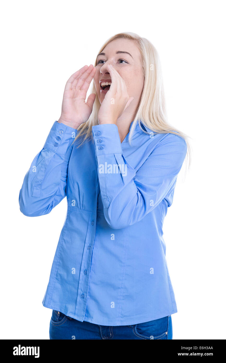 Young isolated woman in blue calling or crying sending a message with ...