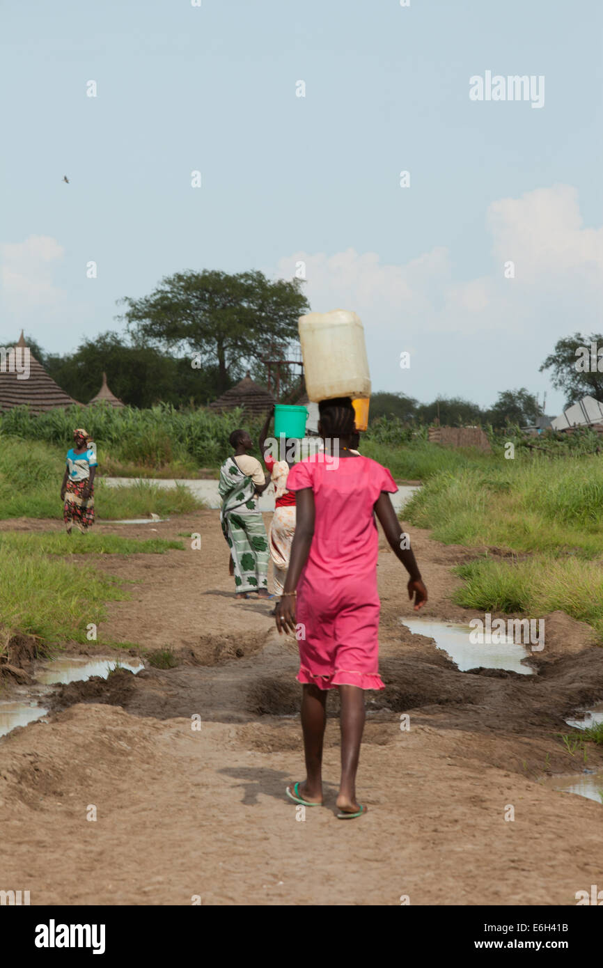 Dinka woman carrying water in container on head at Abathok village near ...