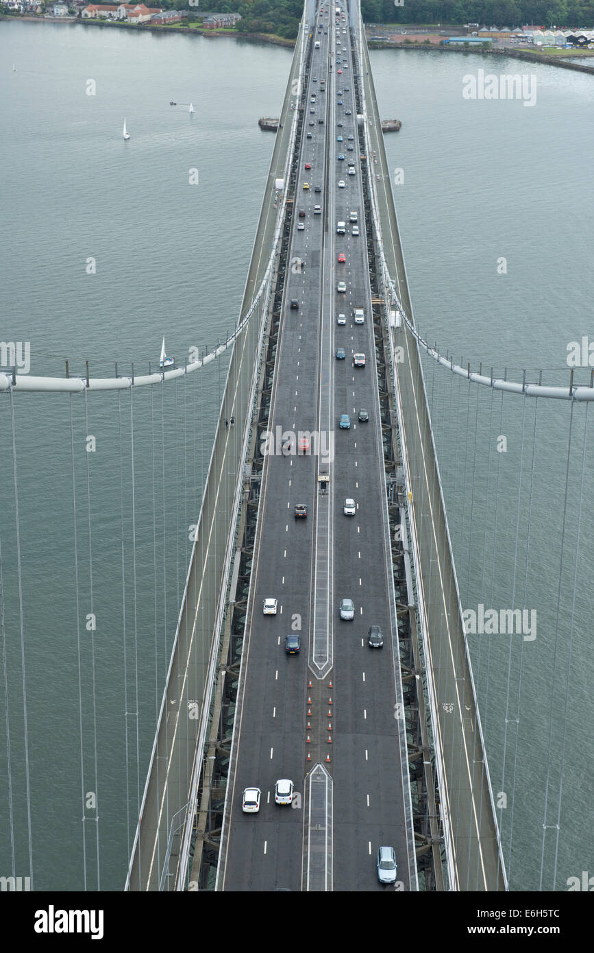 View from top of the Forth Road Bridge. Looking down at traffic and ...