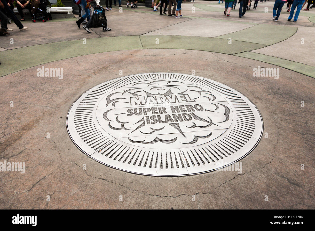 Metal marker on street in Marvel Super Hero Island at Universal Studios ...