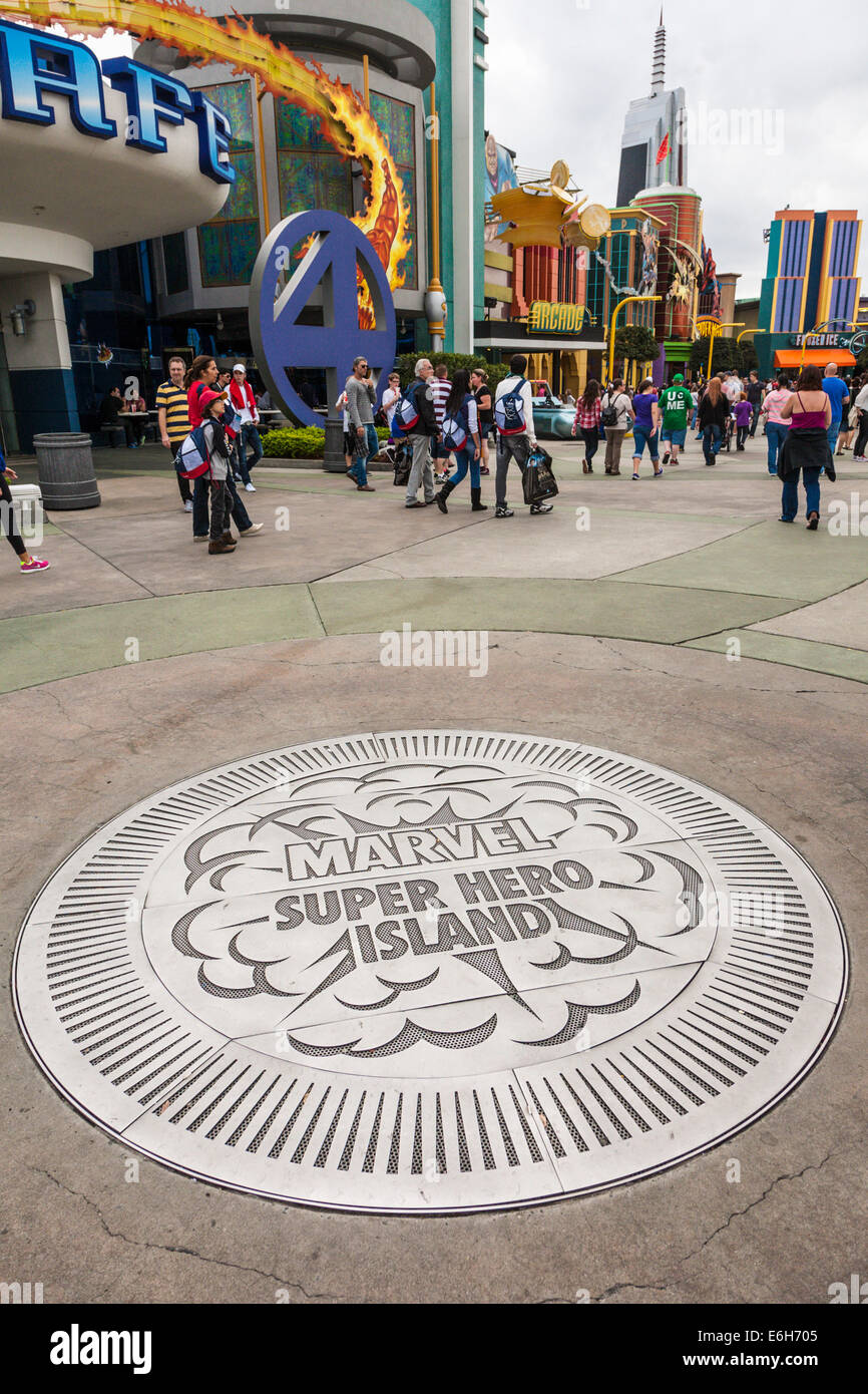Metal marker on street in Marvel Super Hero Island at Universal Studios ...