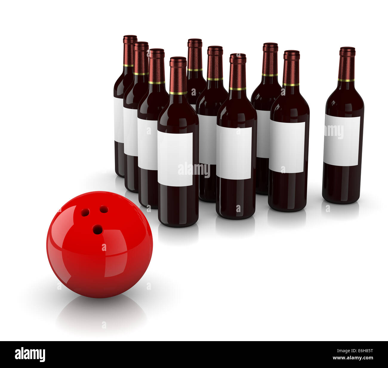 Set of Glass Wine Bottles as Skittles and Bowling Ball on White ...