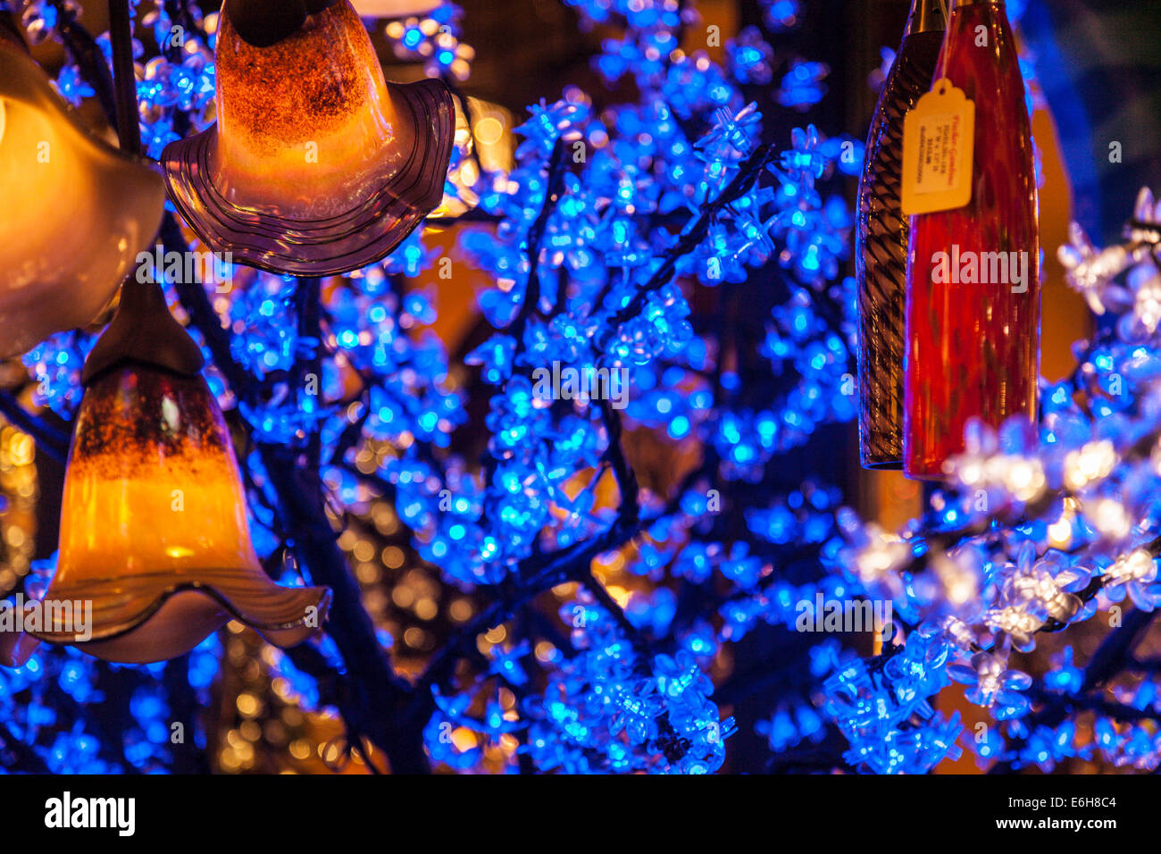 Abstract blue and gold patterns formed by glass in a shop window Stock ...