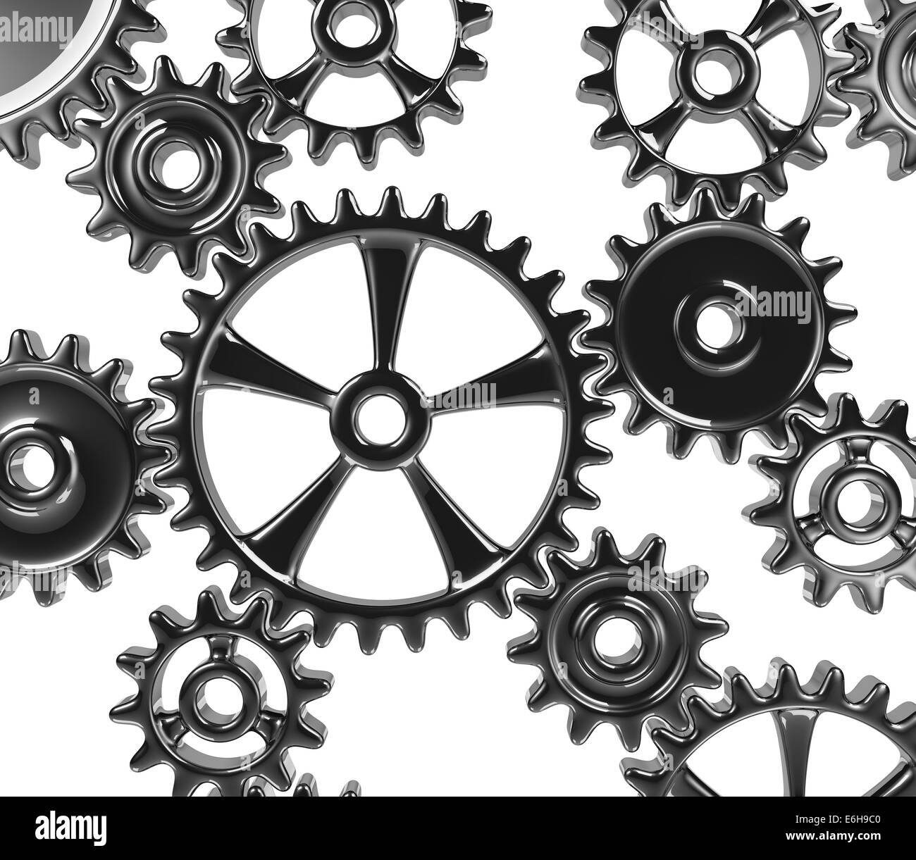 Many Metallic Cogwheels Engaged 3D Illustration Isolated on White ...