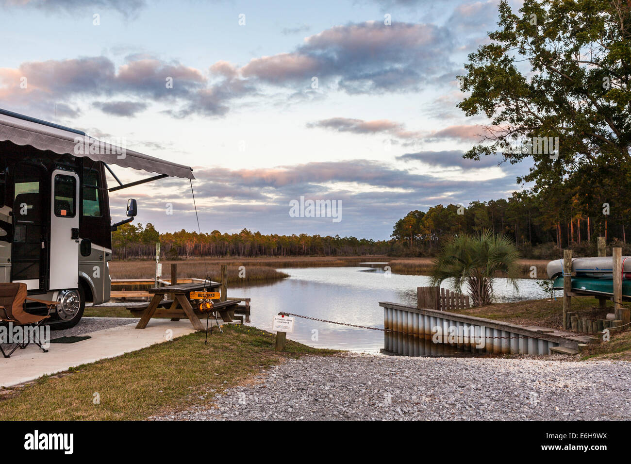 Motorhome set up for camping next to boat ramp for Indian Bayou at ...