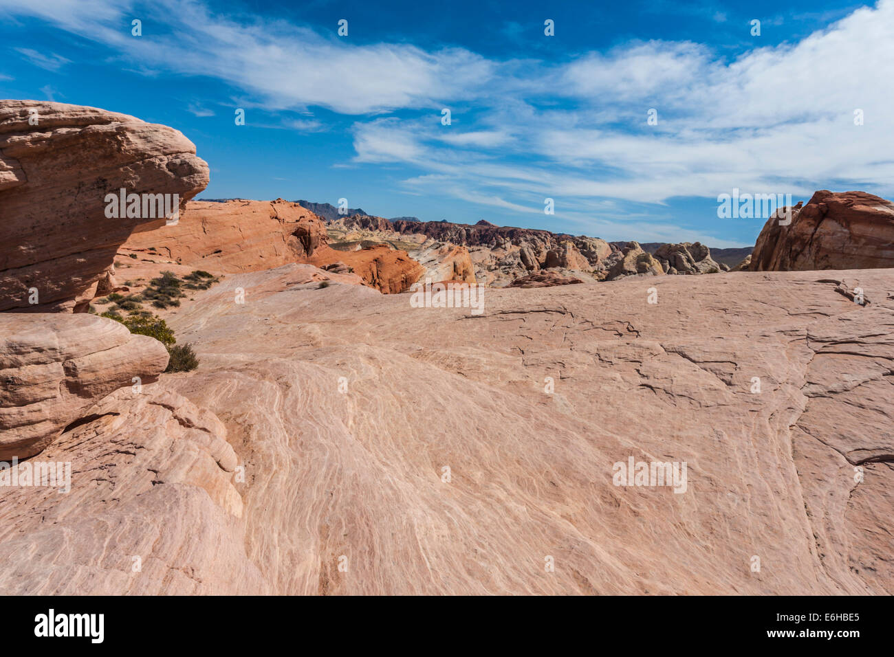 Rock formations and desert vegetation in Valley of Fire State Park near ...