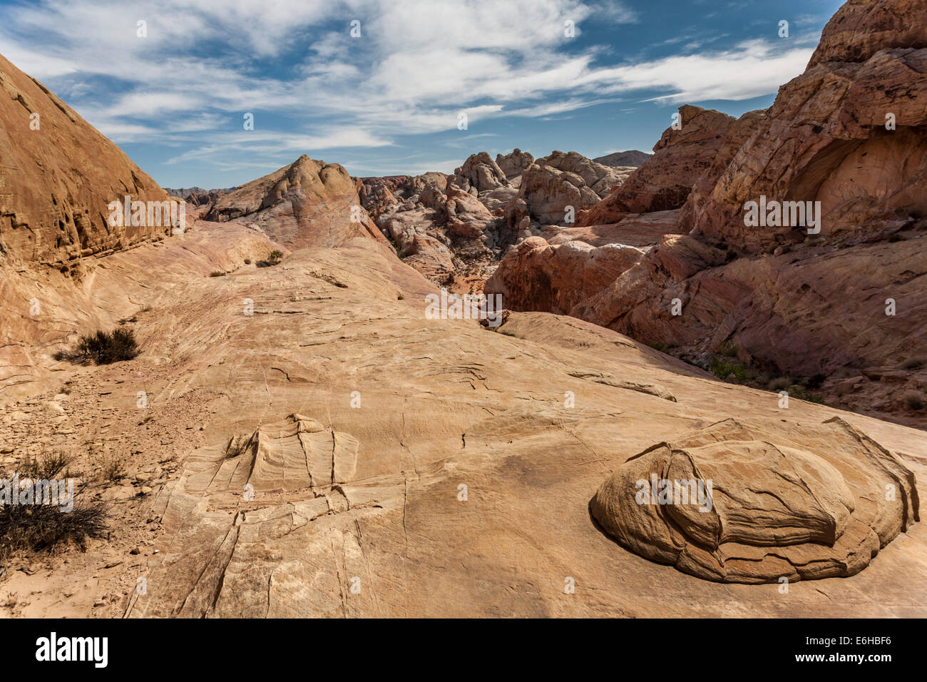 Rock formations and desert vegetation in Valley of Fire State Park near ...