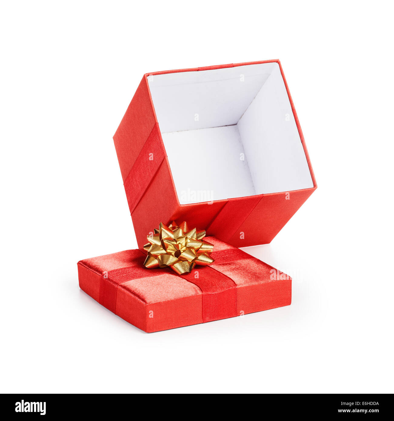 Open red gift box with gold ribbon. Christmas theme. Object isolated on ...