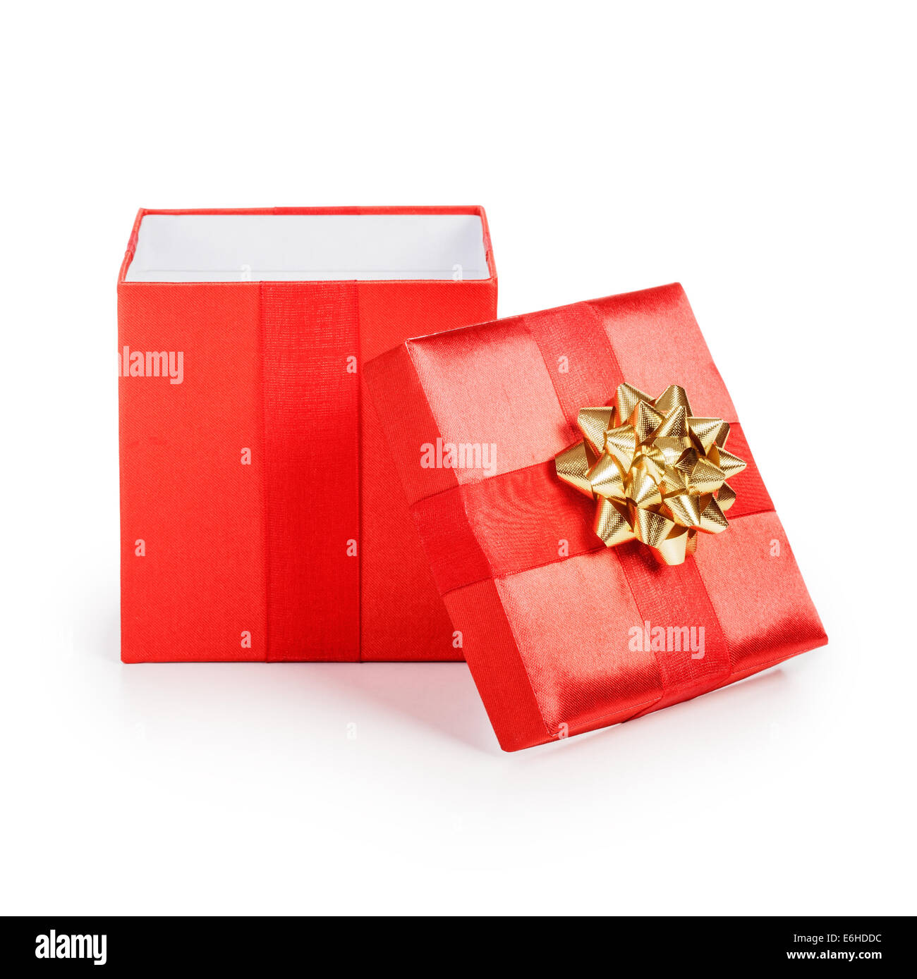 Open red gift box with gold ribbon. Christmas theme. Object isolated on ...