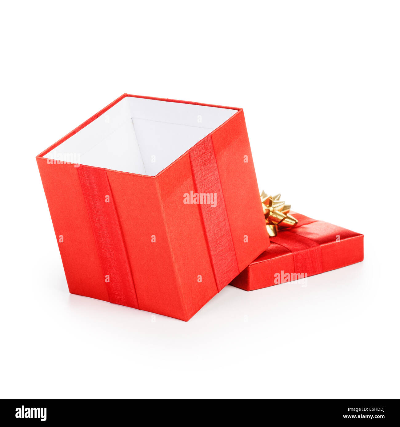 Open red gift box with gold ribbon. Christmas theme. Object isolated on ...