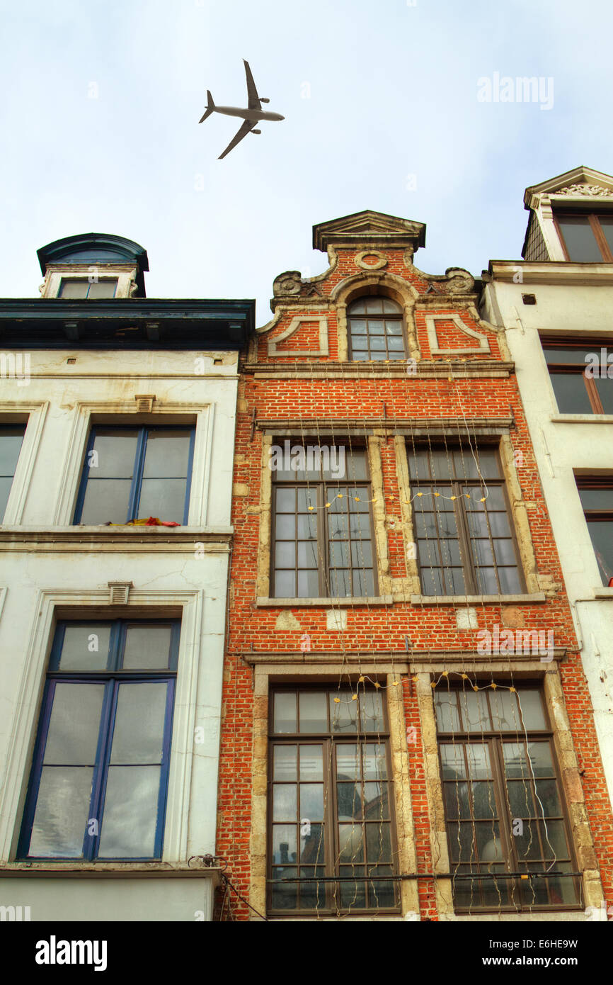 plane over the city of Brussels tilt - shift Stock Photo - Alamy