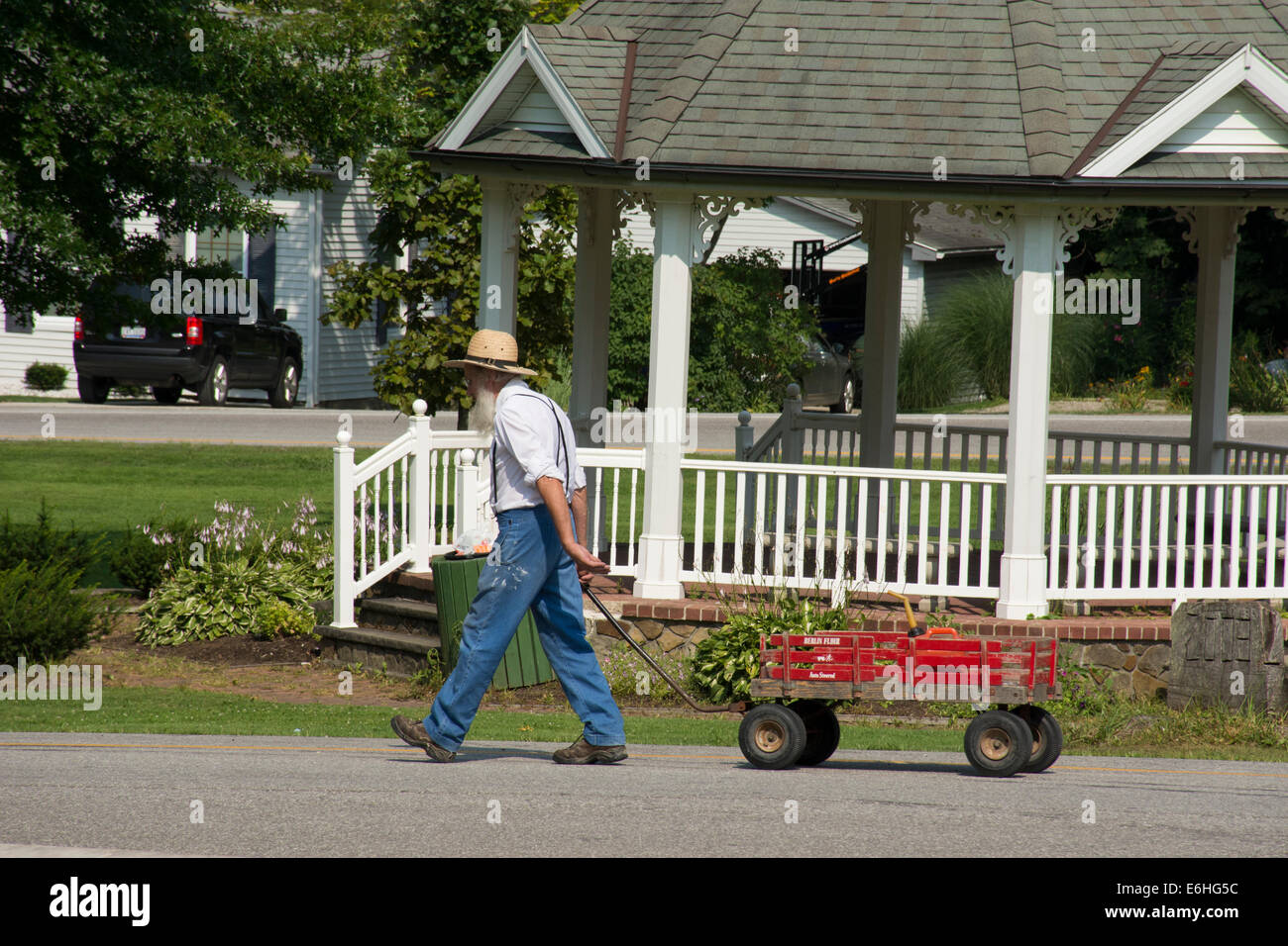 Ohio, Geauga County, Mesopotamia. Amish man pulling red wagon Stock ...