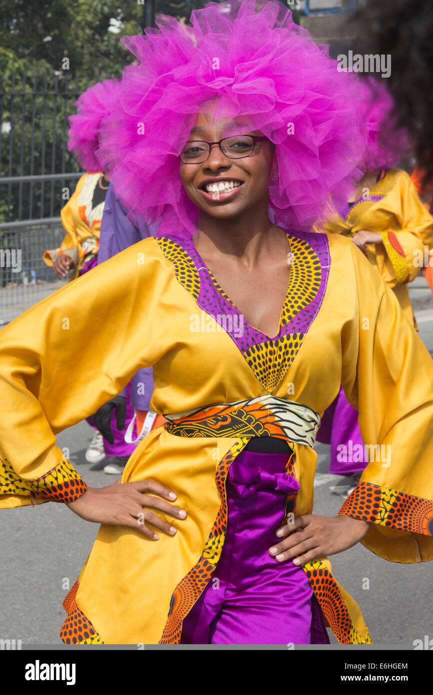 London, UK. 24 August 2014. Members of performance group Kinetika Bloco ...
