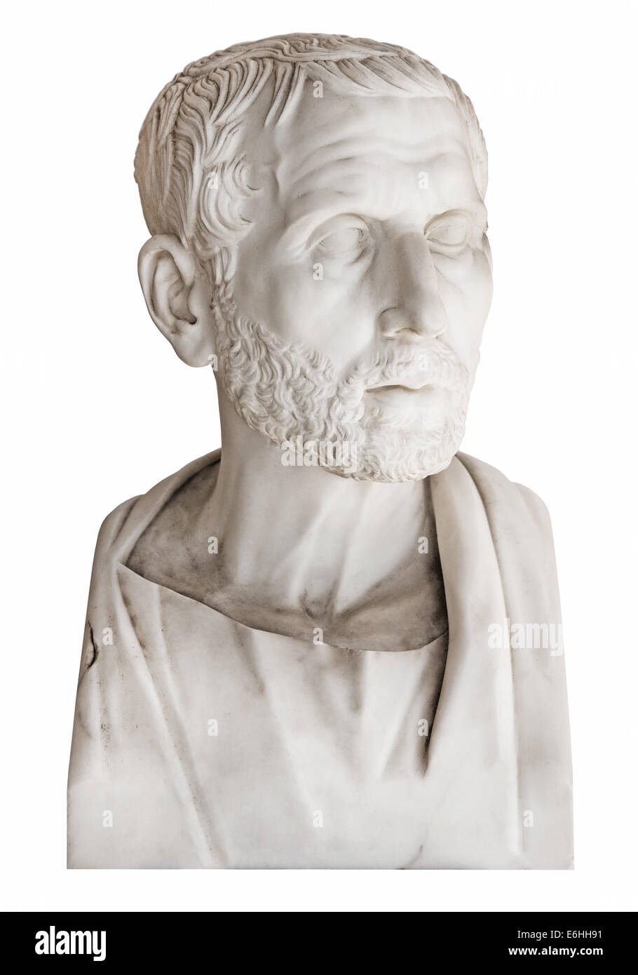 Isolated old marble bust of the greek philosopher Posidonius over white ...