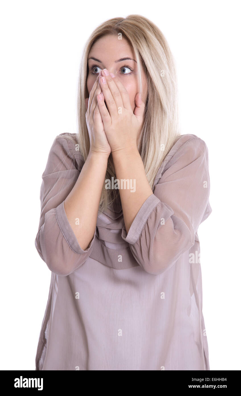 Shocked and desperate isolated young woman with blond hair over white ...
