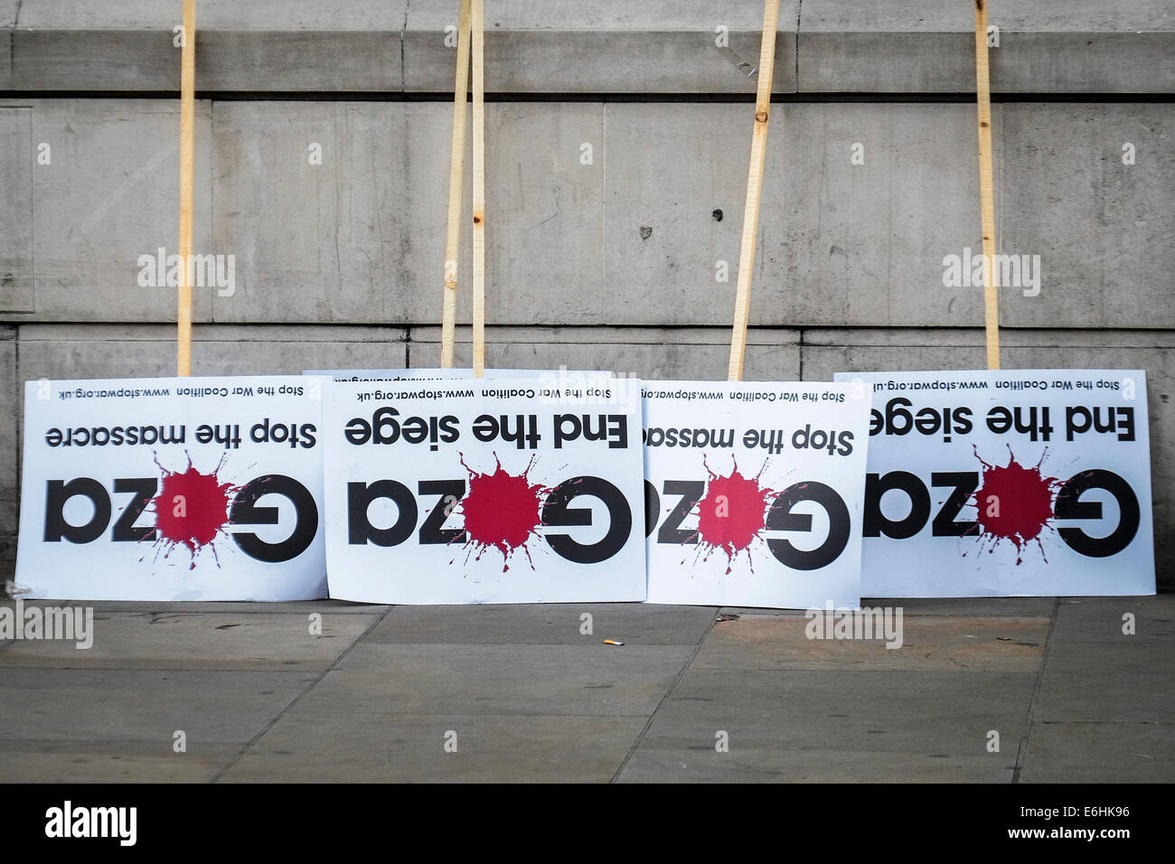 Placards stacked against a wall for use by Pro-Palestinian protesters ...