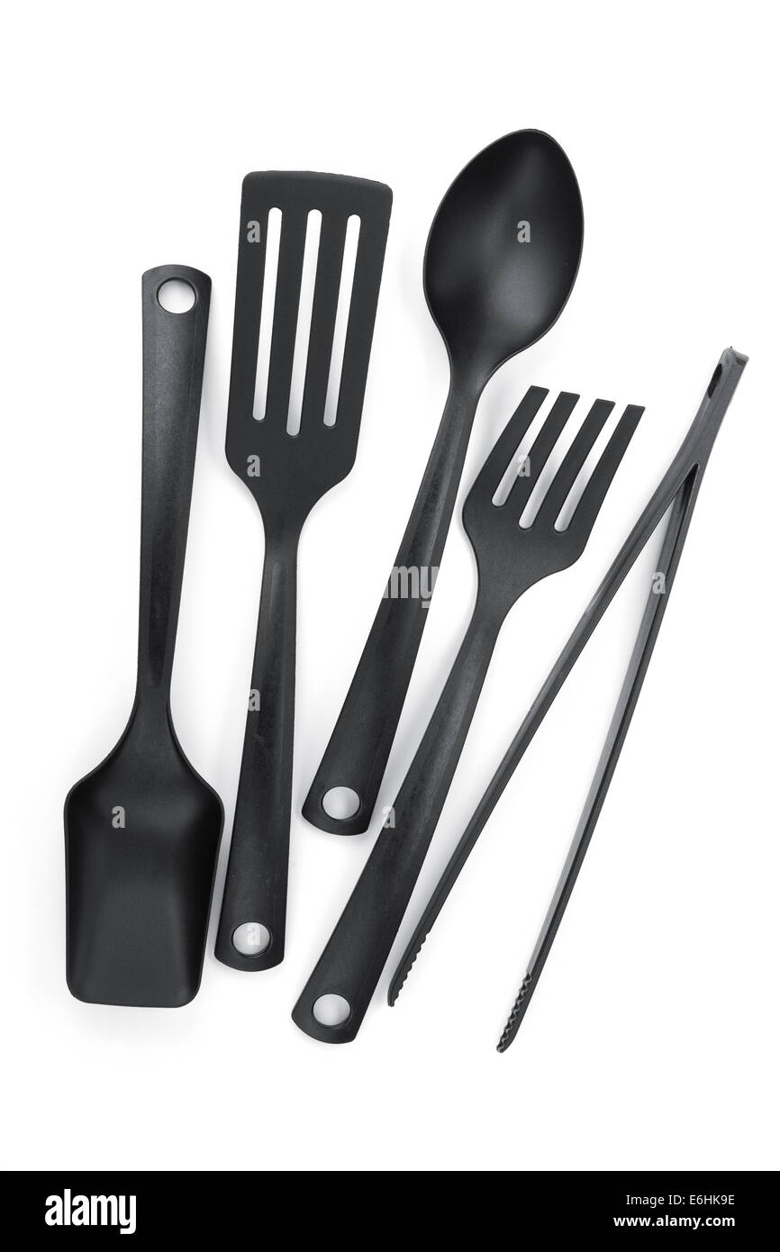 Plastic kitchen utensils. Isolated on white background Stock Photo - Alamy