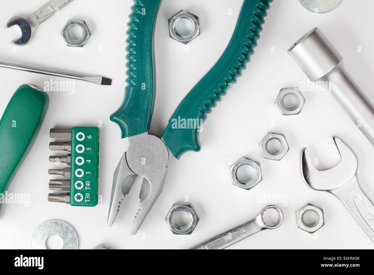 Tools and nuts. Above view Stock Photo - Alamy