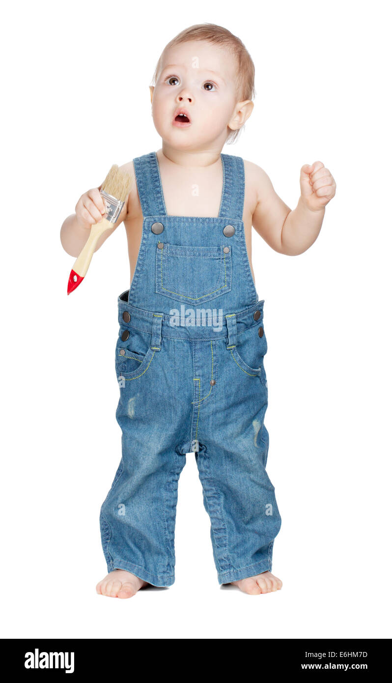 Small baby worker with paint brush. Isolated on white Stock Photo - Alamy