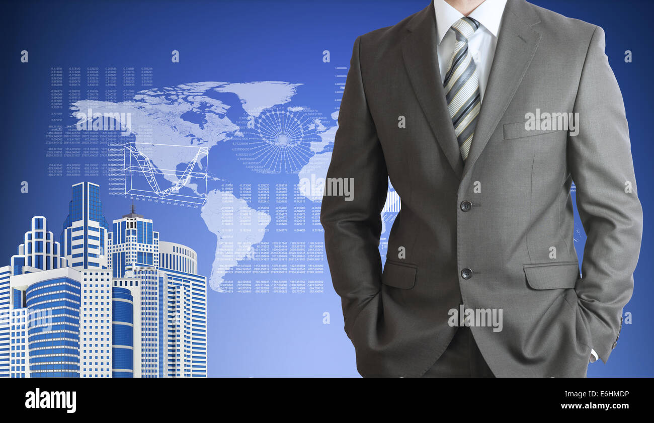 Businessman with world map, skyscrapers and graphs Stock Photo - Alamy