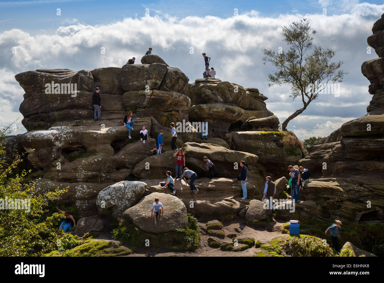 People climbing, and clambering at Brimham Rocks; Brimham Crags is a ...