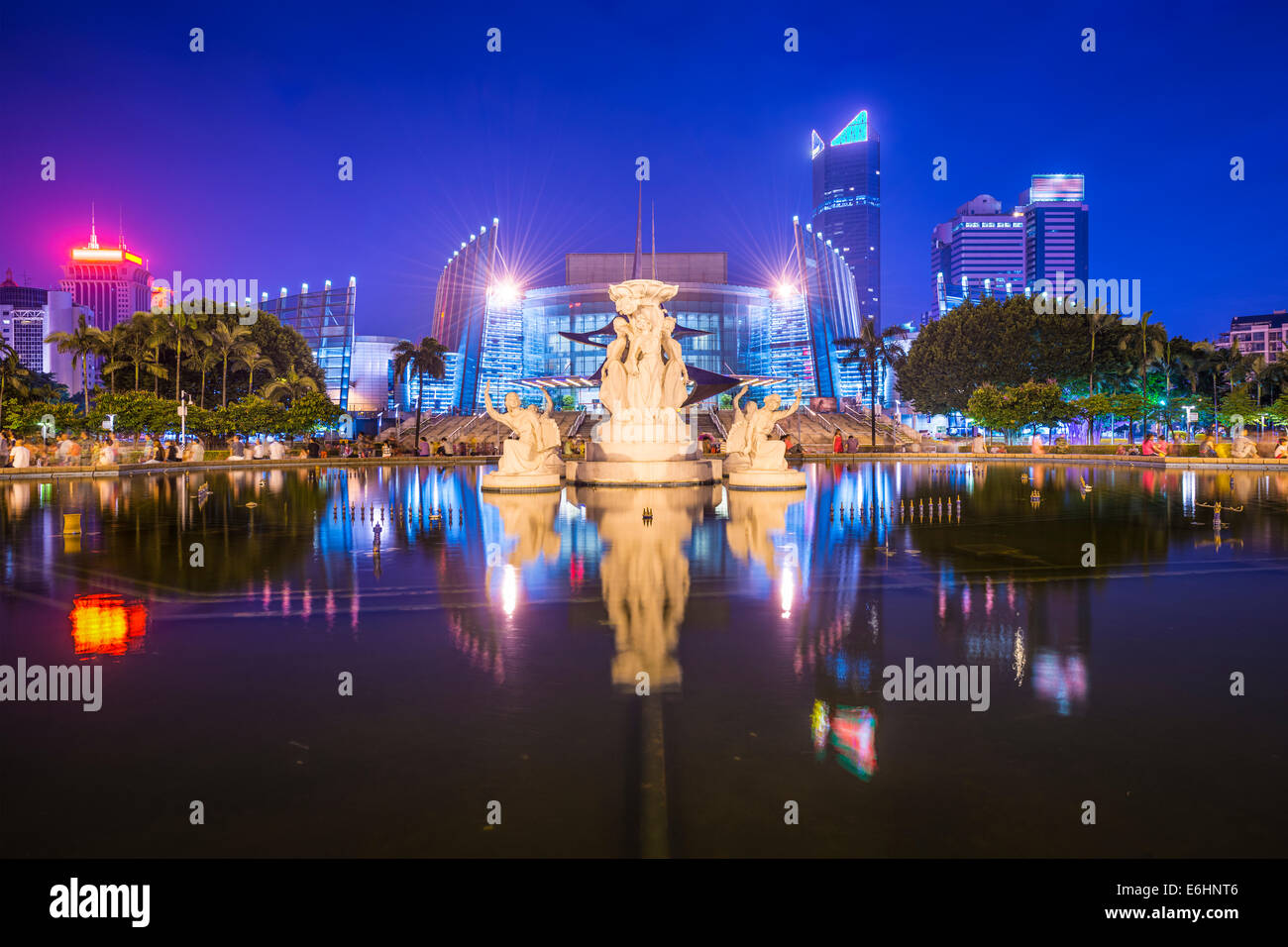 Fuzhou, China cityscape at Wuyi Square and Fuzhou Grand Theater Stock ...