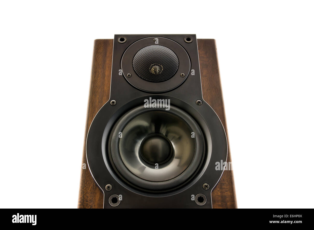 Modern sound speaker in classic wooden casing isolated on white ...