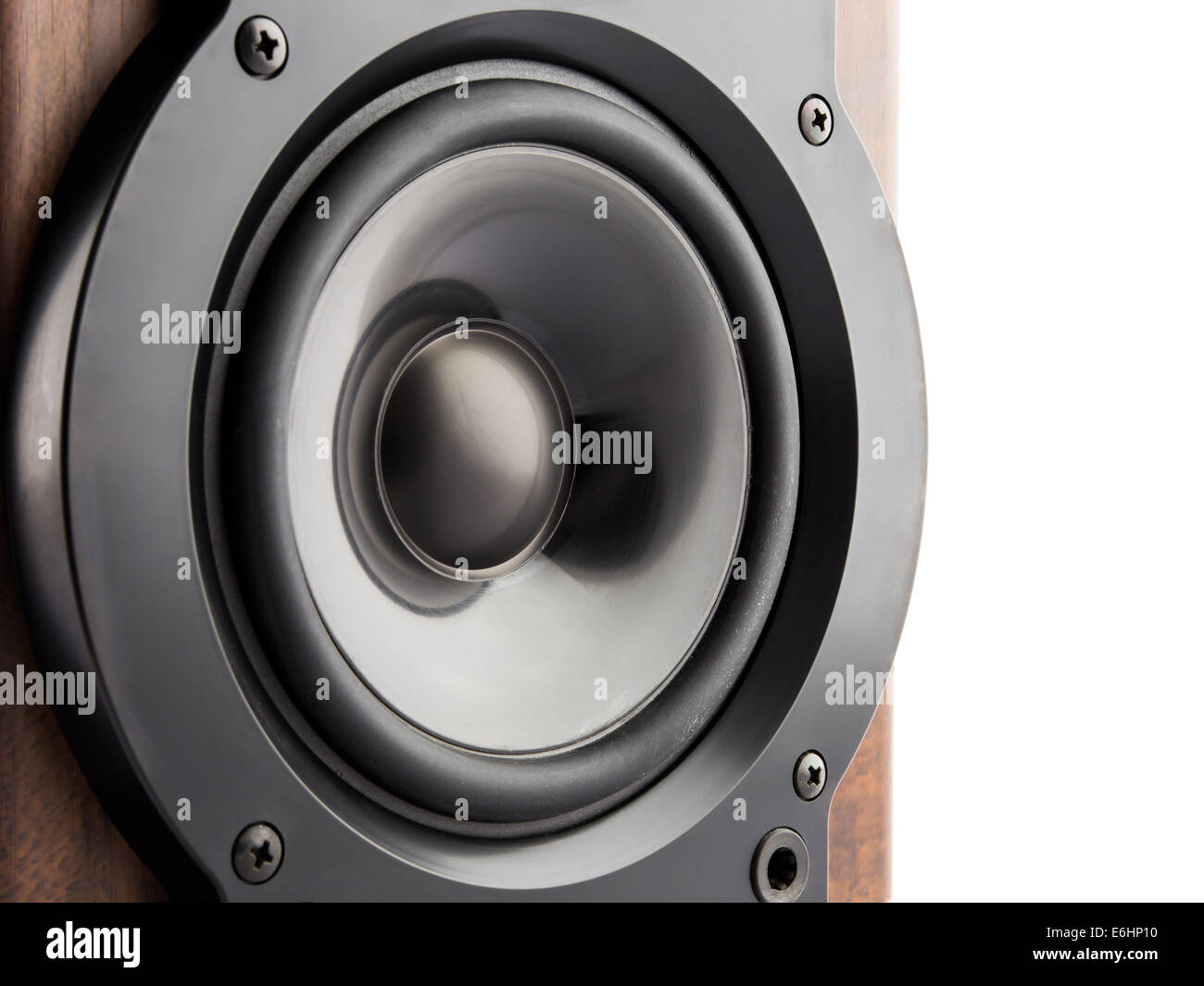 Closeuo of a modern sound speaker in classic wooden casing isolated on ...