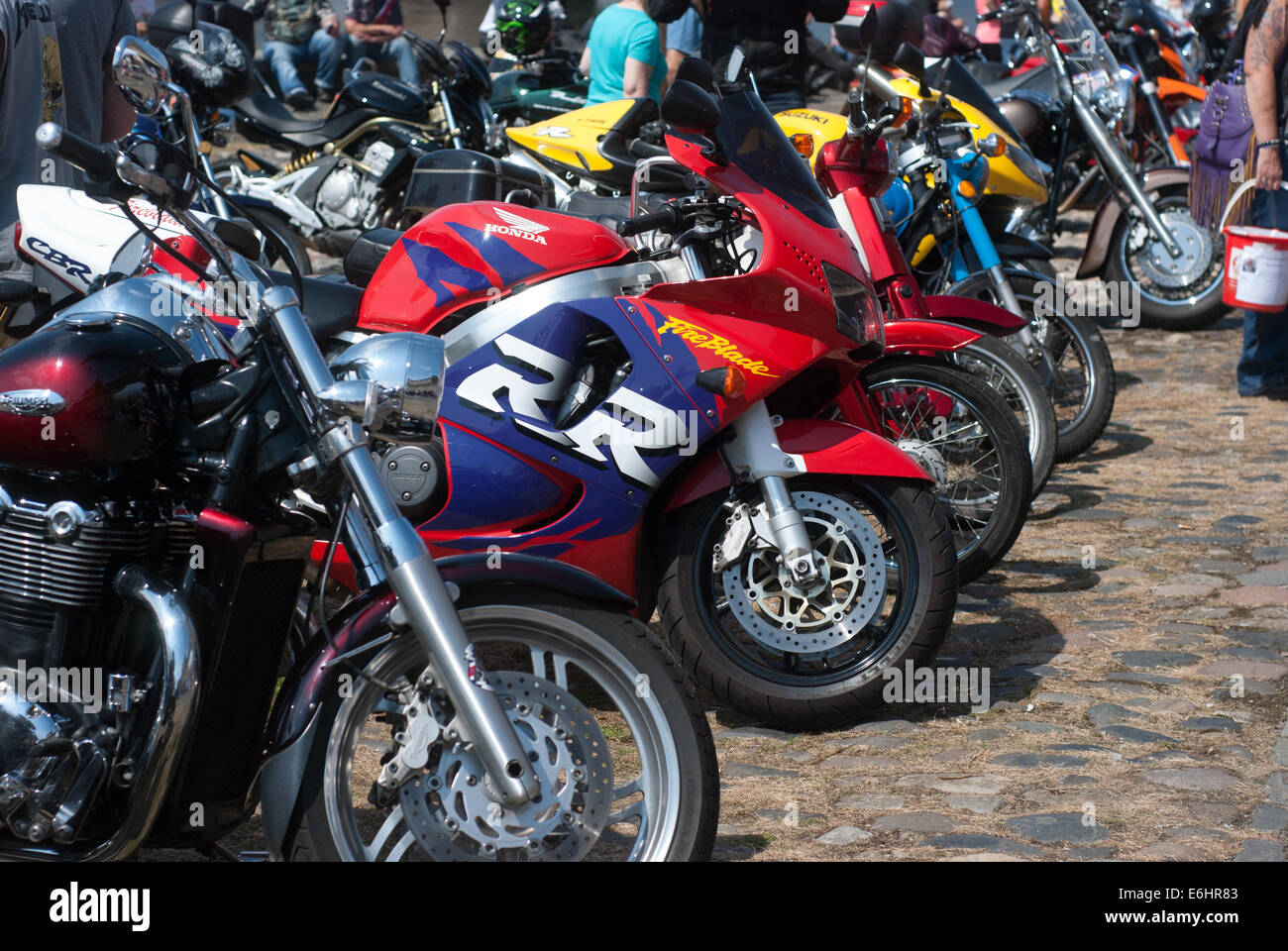 Motorcycle motorbike show Berwick upon Tweed showing a line of ...