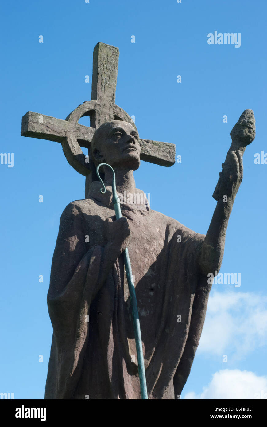 Statue of St Aiden, an Anglo-Saxon monk, in the priory at Lindisfarne ...