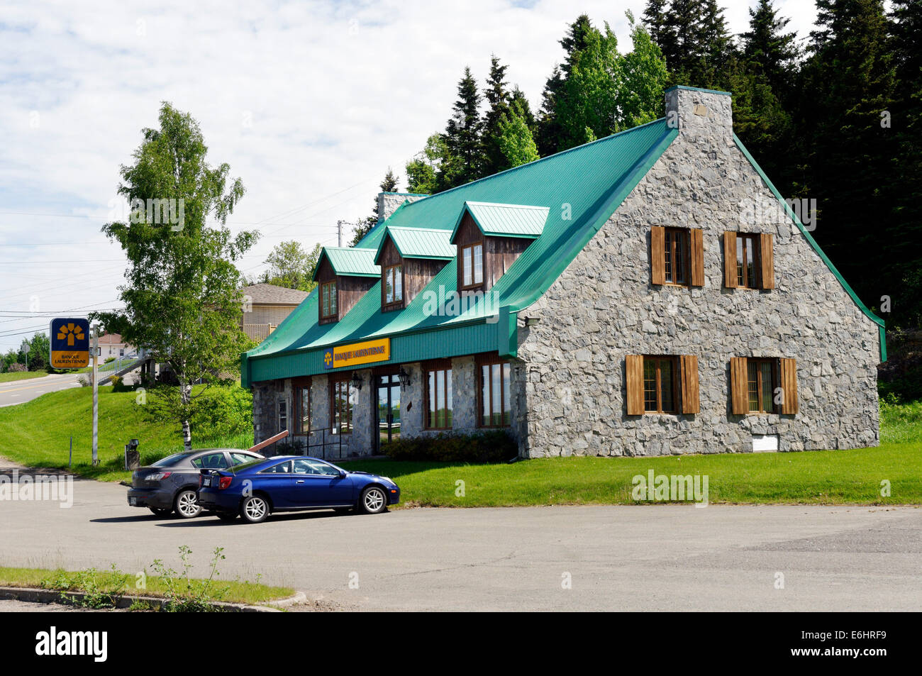 A rural bank building, Banque Laurentienne, in Gaspesie Quebec Stock ...