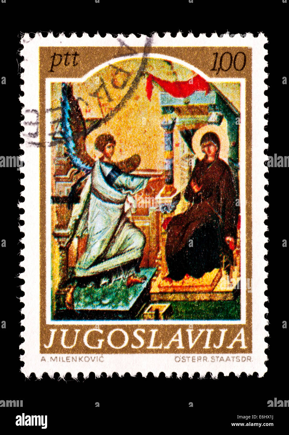 Postage stamp from Yugoslavia depicting a Medieval icon of the ...