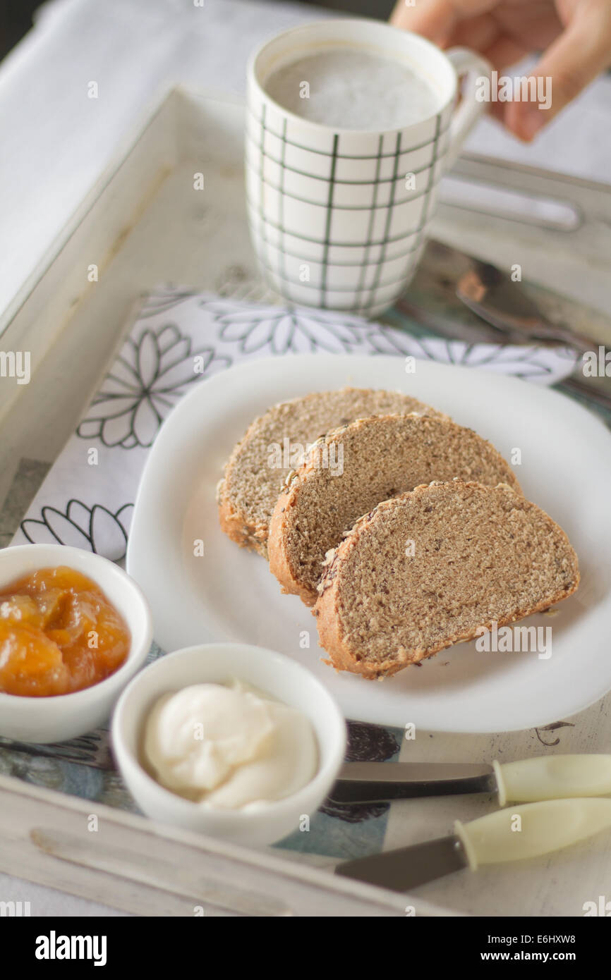 Healthy Breakfast: milk coffee with toasts, cheese and marmalade Stock ...