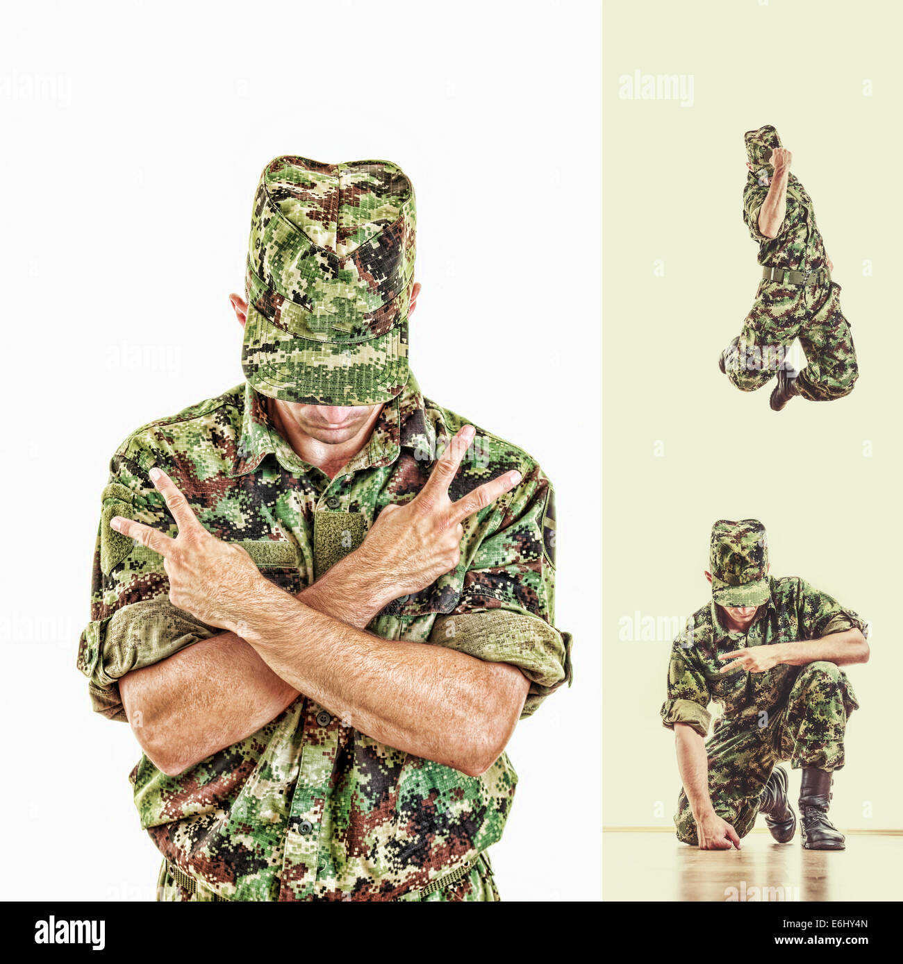 unknown soldier with hidden face in green camouflage uniform jumping ...