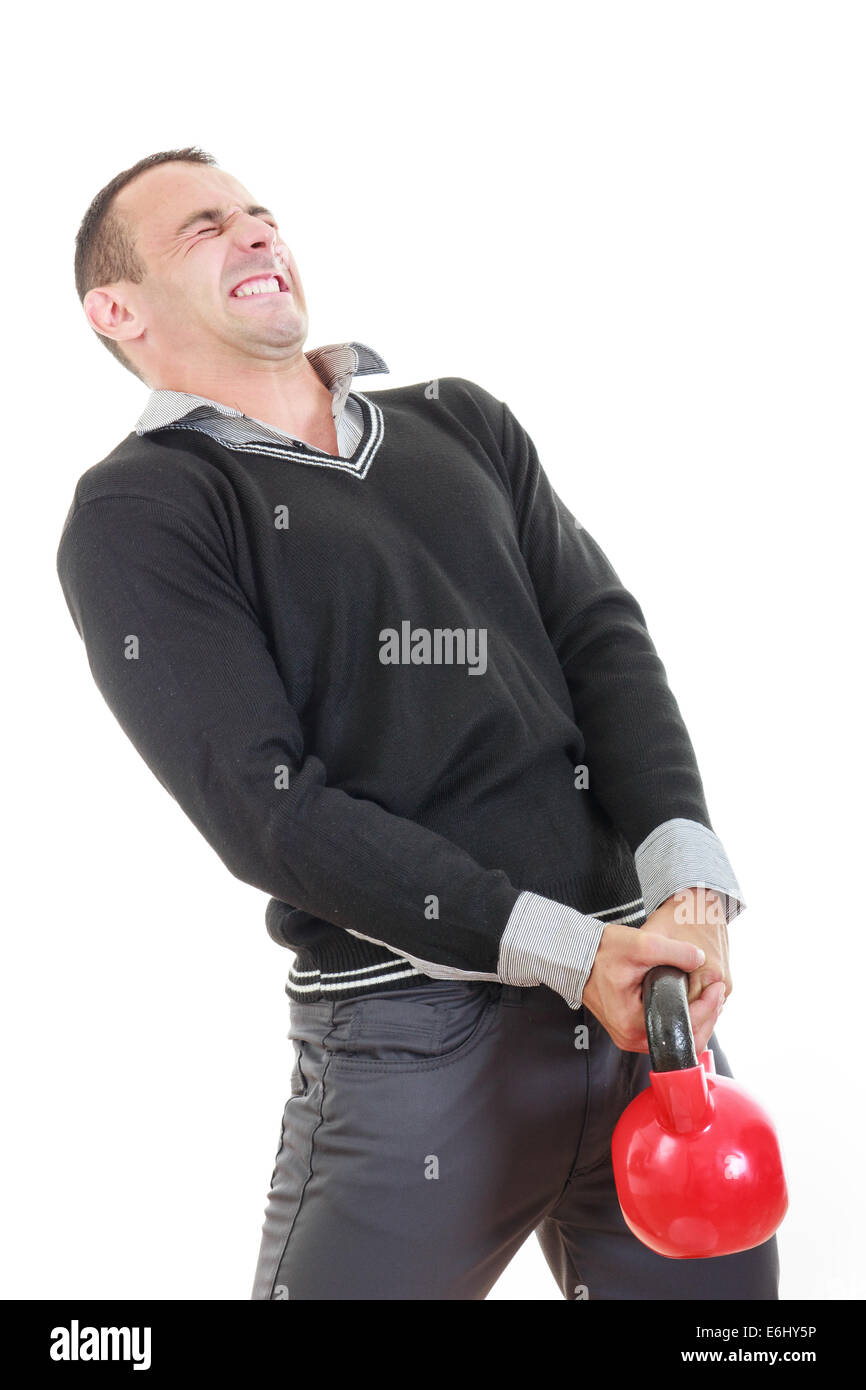 business man in black sweater with shirt and pants lifting red dubell ...