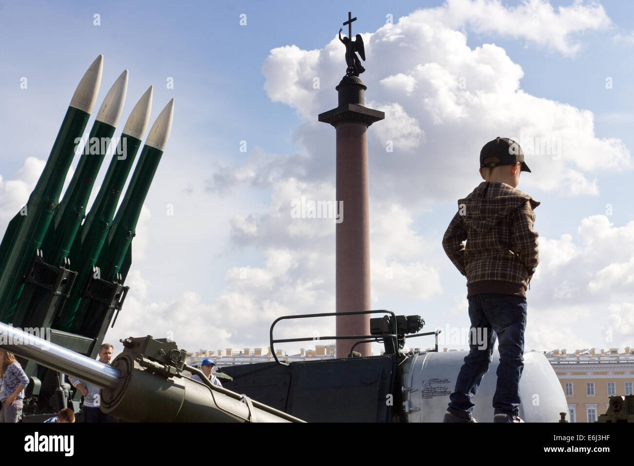 Boy is playing with military technics, St.Petersburg, Russia, 23.08. ...