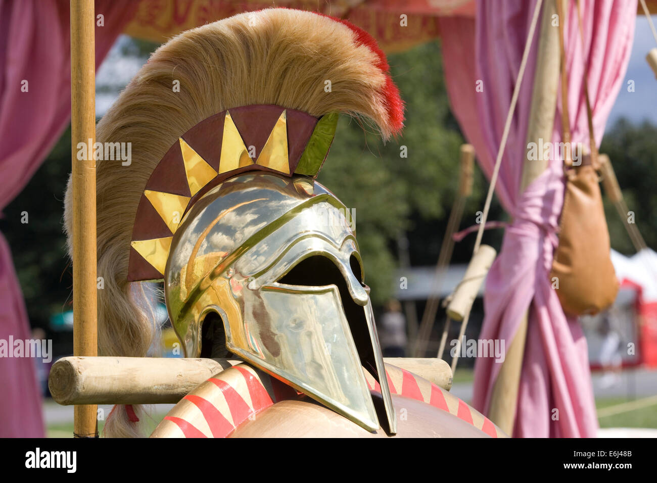 Hoplite. Ancient Greek Soldiers helmet at a reenactment Stock Photo - Alamy