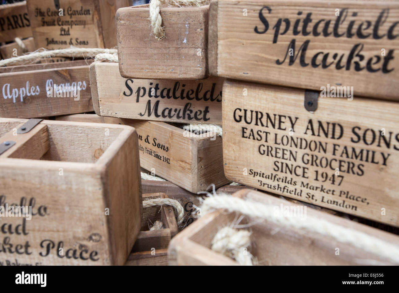 Wooden grocery boxes on a market stall in Spitalfields market Stock ...