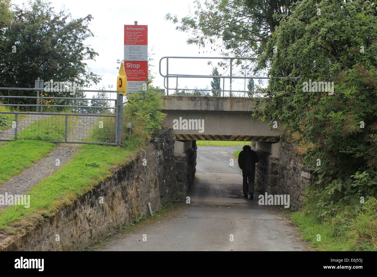 Caersws featuring a man walking under the railway bridge & entrance to ...