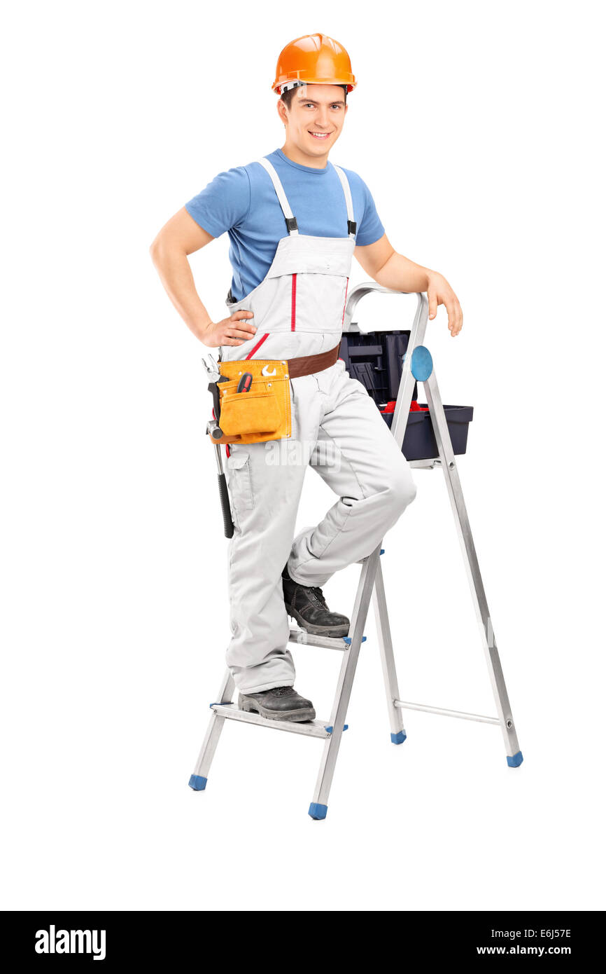Full length portrait of a male electrician standing on a ladder Stock ...