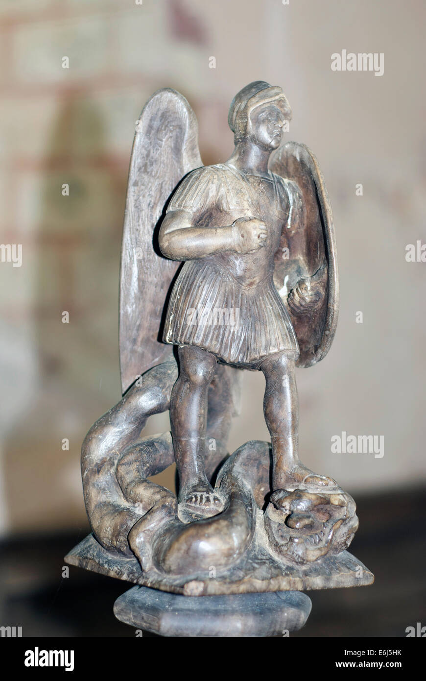 Carved wooden figure on end of Church Pew St George and the Dragon ...