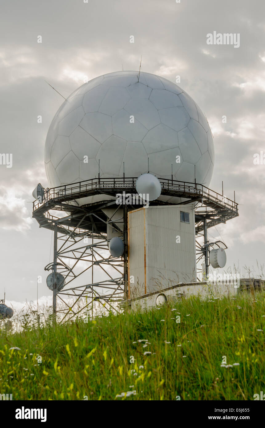 A white globe on a mountainside captures weather related information ...