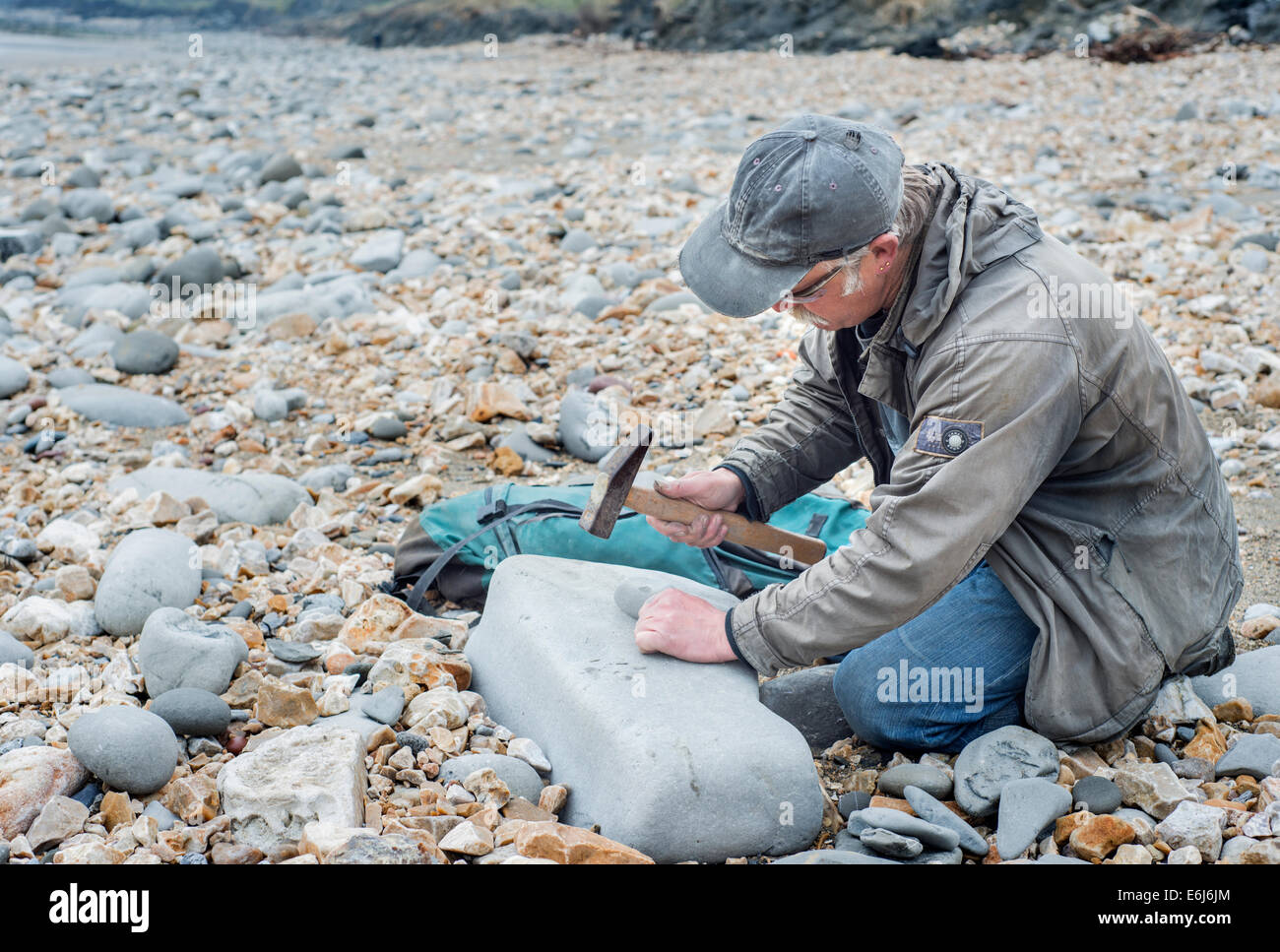 Man hunting for fossils on the Jurassic Coast near Lyme Regis in Dorset ...