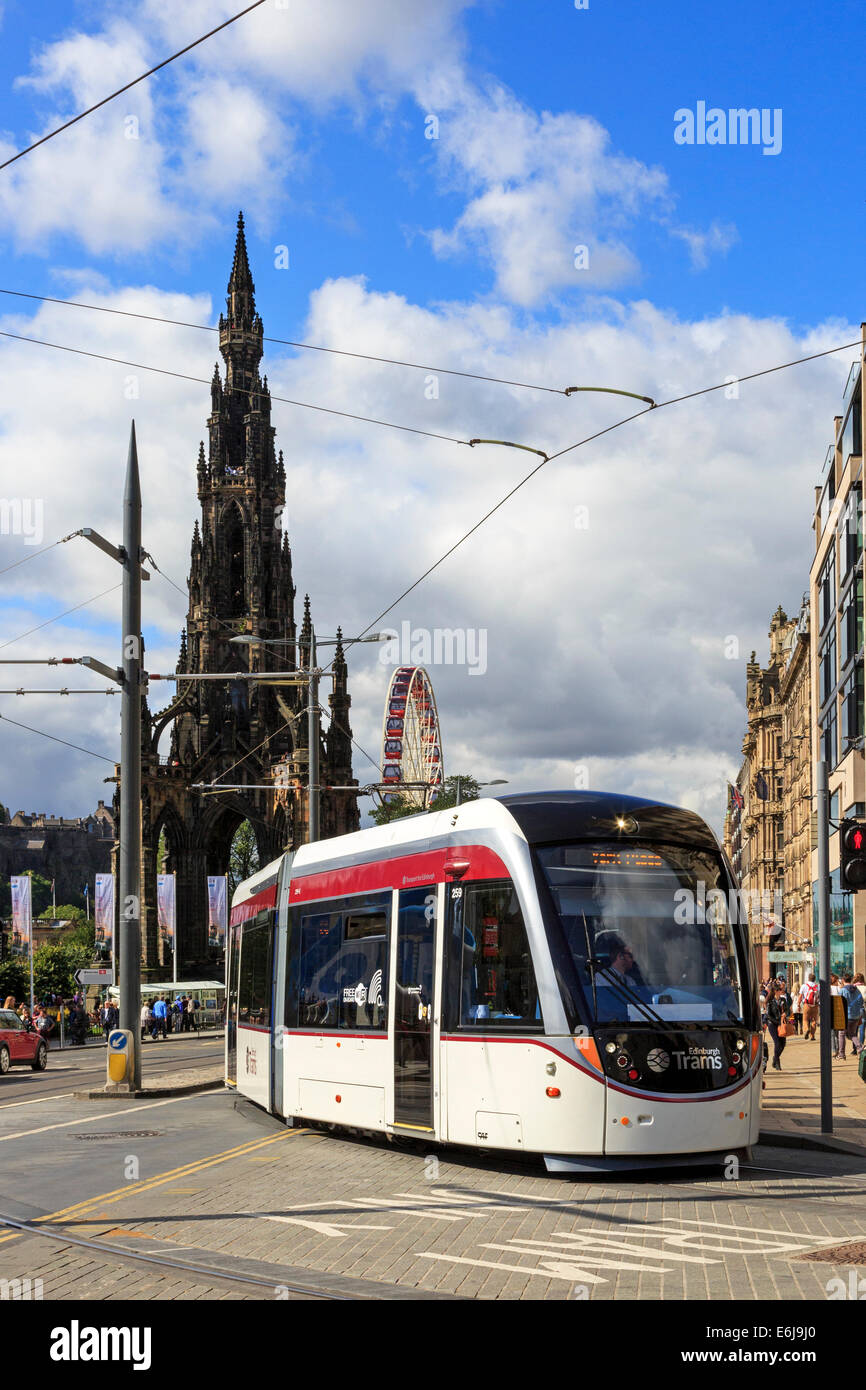 New Edinburgh tram in Princes Street, Edinburgh with the Scott Monument ...