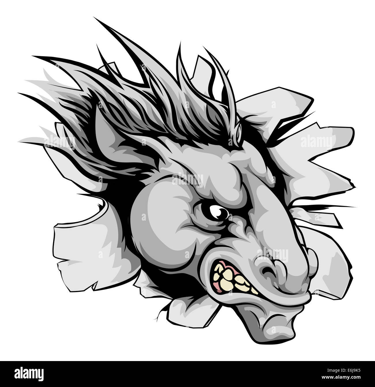 A mean looking horse animal mascot breaking through a wall Stock Photo ...