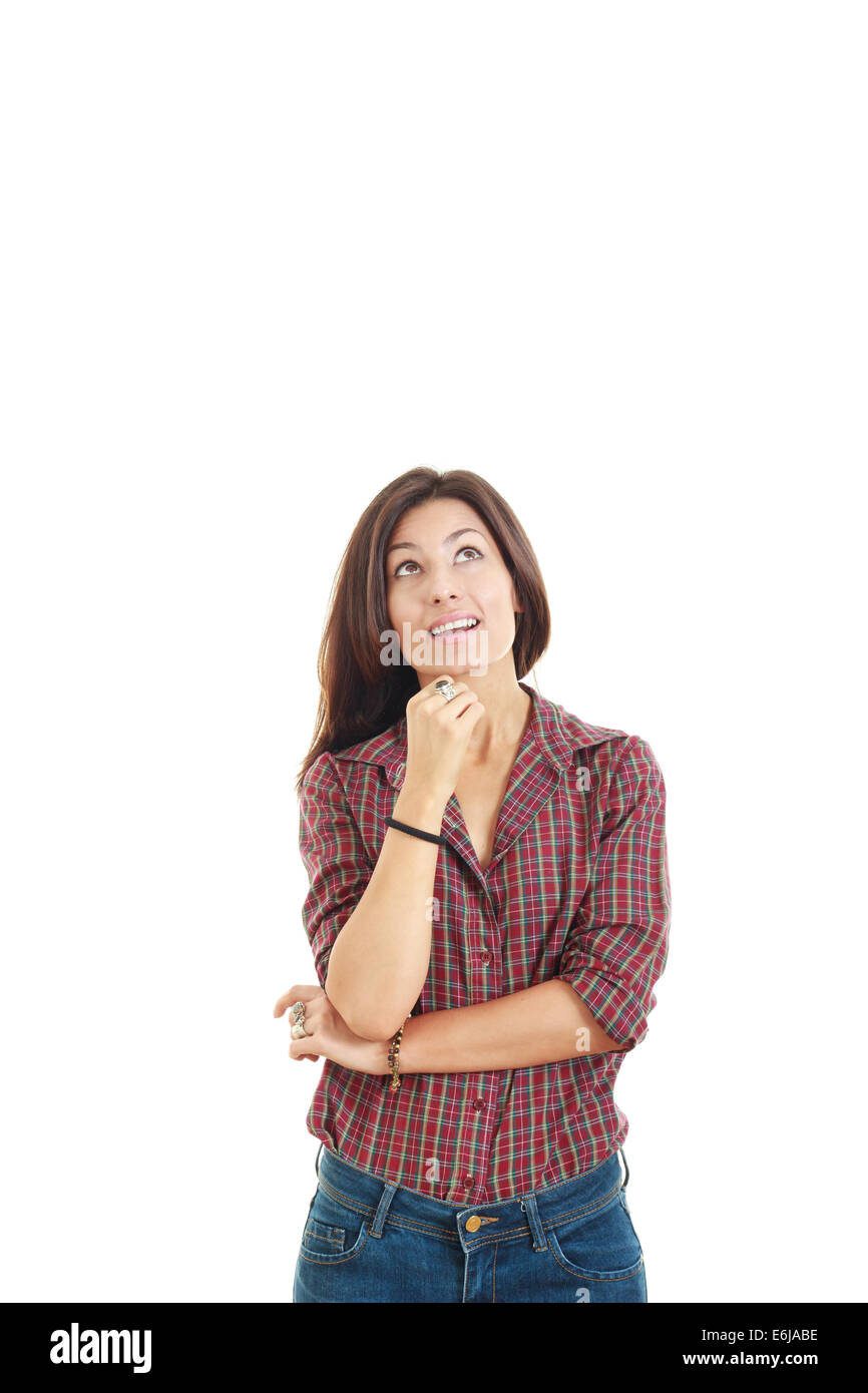 happy houghtful woman with face expression looking up and having an ...
